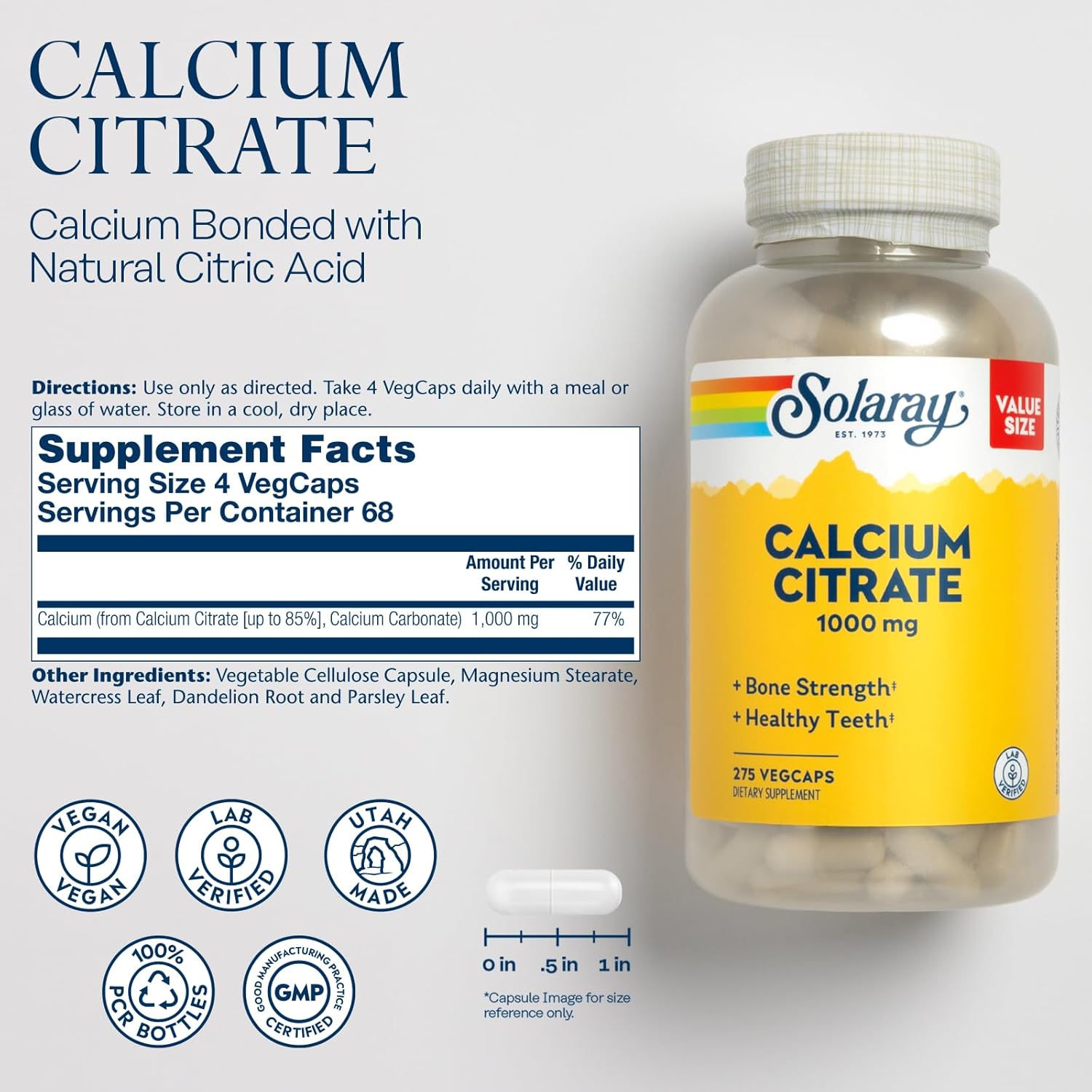 Solaray Calcium Citrate 1000mg, 275 VegCaps | Egypt Vitamins